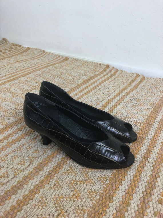 60s 70s magdesians black croc gator texture peep toe … - Gem