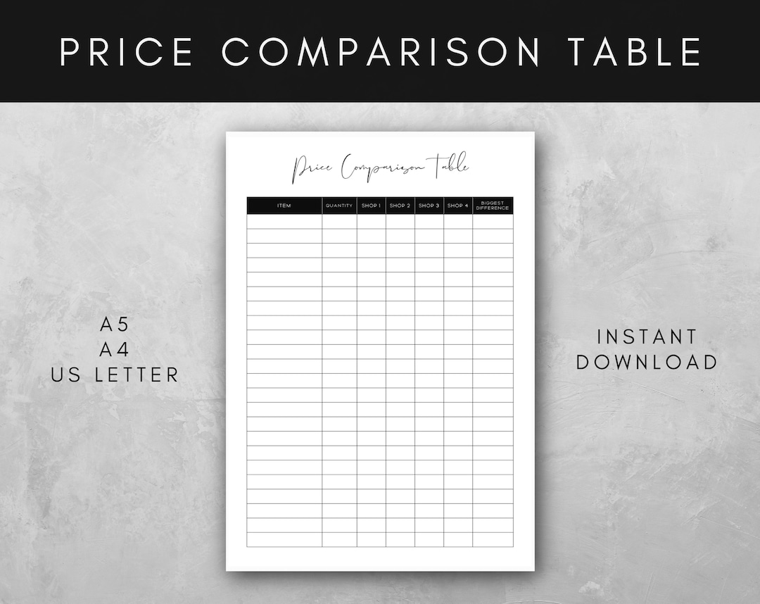 Price Comparison Printable | Prices Comparison Table | A4, A5, & US ...