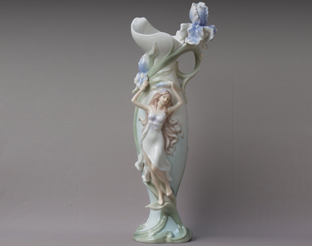 Art Nouveau Style Pale Blue Porcelain Vase - Nymph With Blue Iris - Etsy