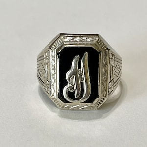 Letter h Ring Retro Era 14k White Gold Genuine Onyx Old English Initial ...