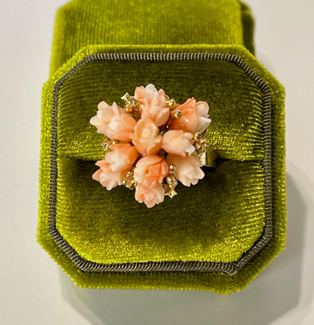Carved Coral Cluster Ring-vintage 14k Multi Carved Coral Roses Ring- Sz ...