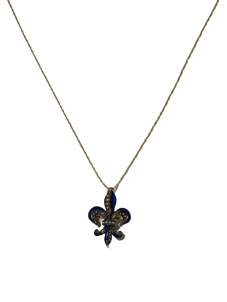 Art Nouveau 14k Gold Fleur-de-lis Brooch Pendant: Cobalt Blue Enamel ...