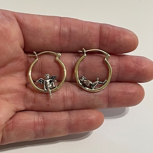 Angel Cherub Mix Matched Hoop Earrings-10k Yellow Gold Hoop Earrings or Sterling Silver Lounging ...