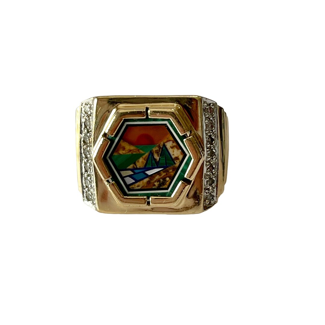 Men's Signet Ring, 10k Yellow Gold Diamond Multi Stone Sunset Scene ...