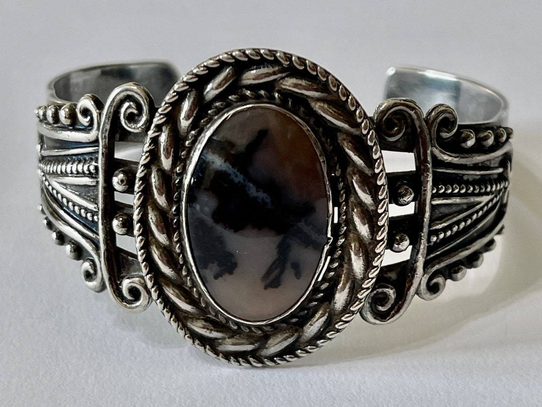 Moss Agate Native American Cuff Bracelet Set in Sterling Silver ...
