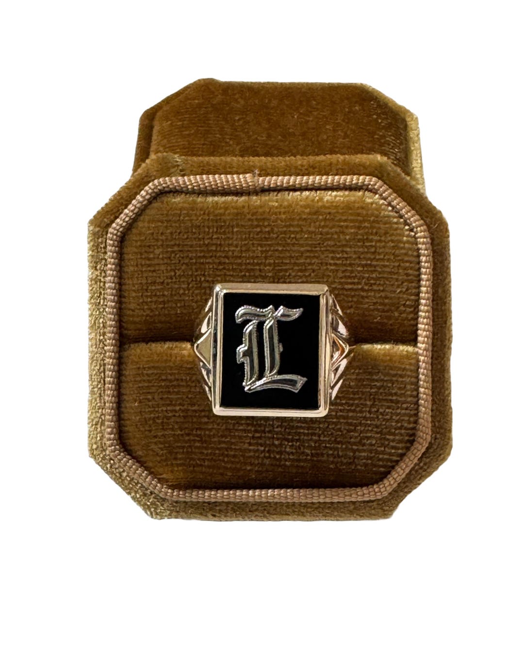 Letter "l" Ring - Retro Era 10k Yellow/white Gold Genuine Onyx "l ...