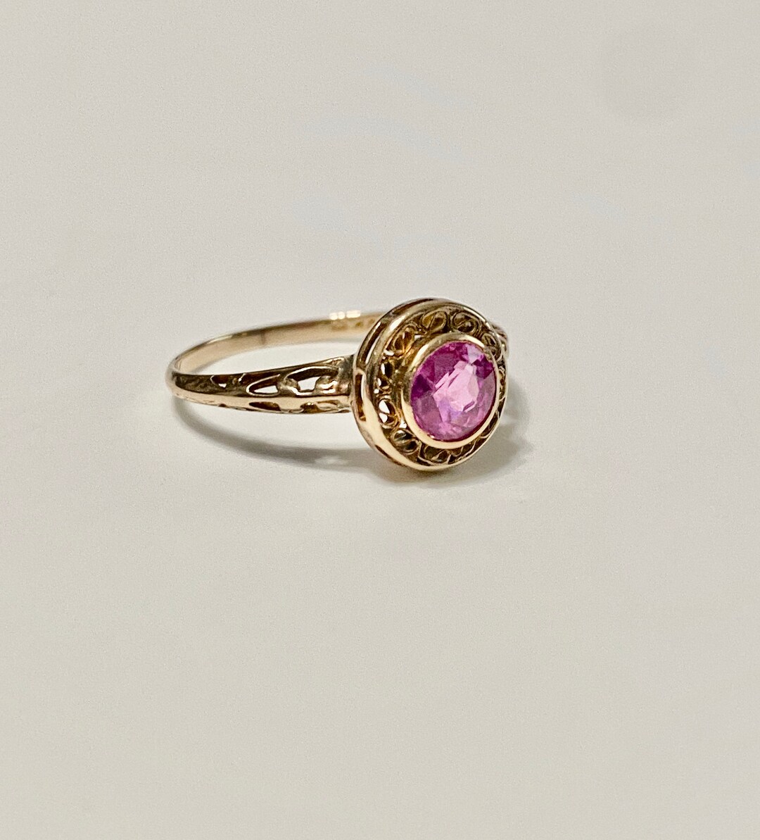 Created Pink Ruby Ring Art Deco 10k Rosey Gold Filigree .46 CT Round ...