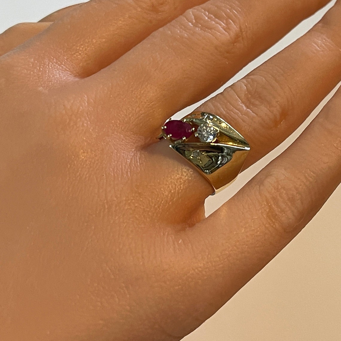 Genuine Ruby & Diamond Retro Cocktail Ring Vintage 14k - Etsy
