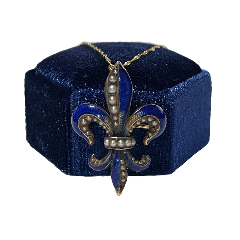 Art Nouveau 14k Gold Fleur-de-lis Brooch Pendant: Cobalt Blue Enamel ...