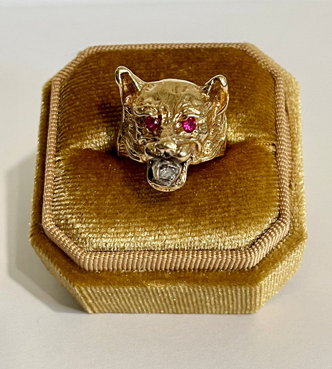 Wolf Ring With Natural Rubies & Diamond Ring - Vintage 14K Gold Wolf ...