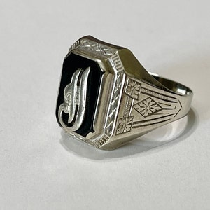 Letter h Ring Retro Era 14k White Gold Genuine Onyx Old English Initial ...