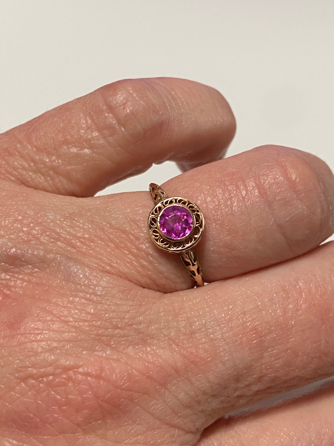 Created Pink Ruby Ring Art Deco 10k Rosey Gold Filigree .46 | Etsy