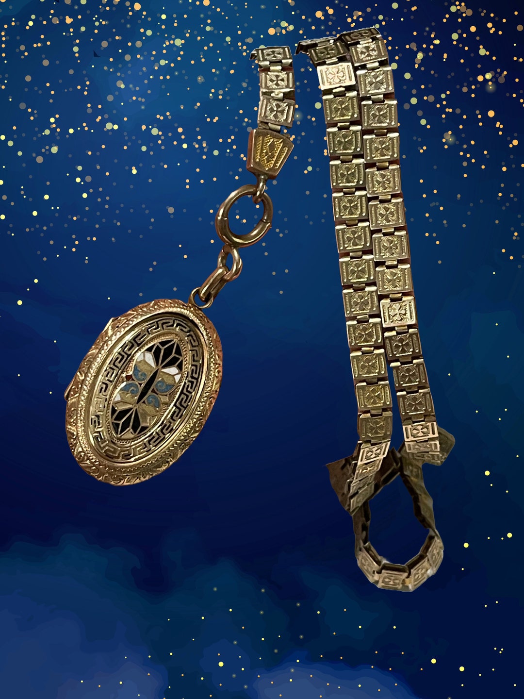 Victorian Era Book Chain Collar & Enamel Locket- 1800's Hand Painted ...