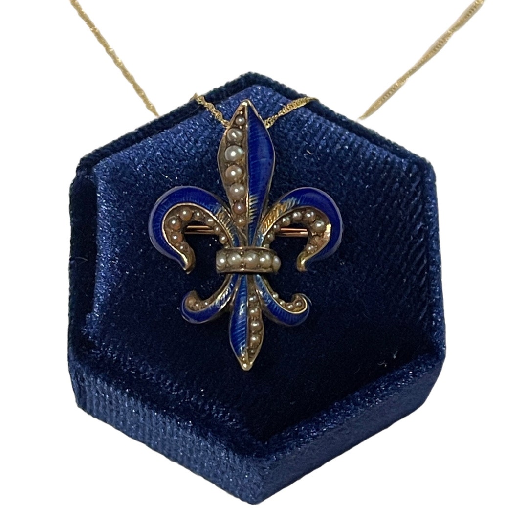 Art Nouveau 14k Gold Fleur-de-lis Brooch Pendant: Cobalt Blue Enamel ...