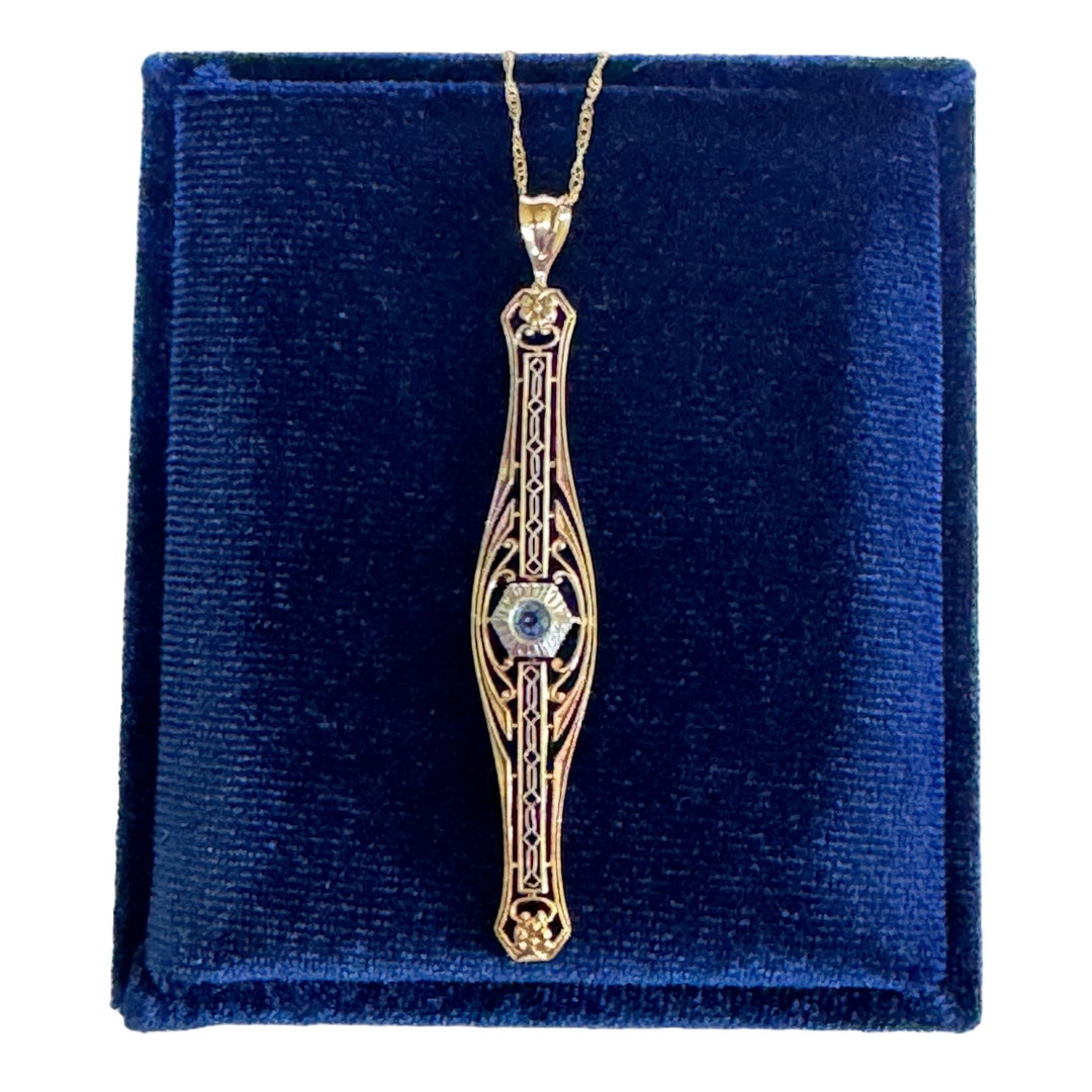 Art Deco Conversion Necklace - 1920s 14k Yellow & White Gold Blue Topaz ...