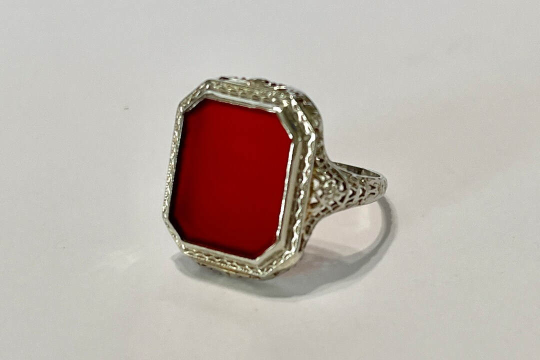 Genuine Carnelian Ring - Art Deco 14k White Gold Plainville Stock Co ...
