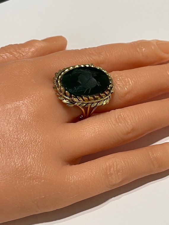Genuine Carved Green Onyx Intaglio Ring -Heavy 14k Ye… - Gem