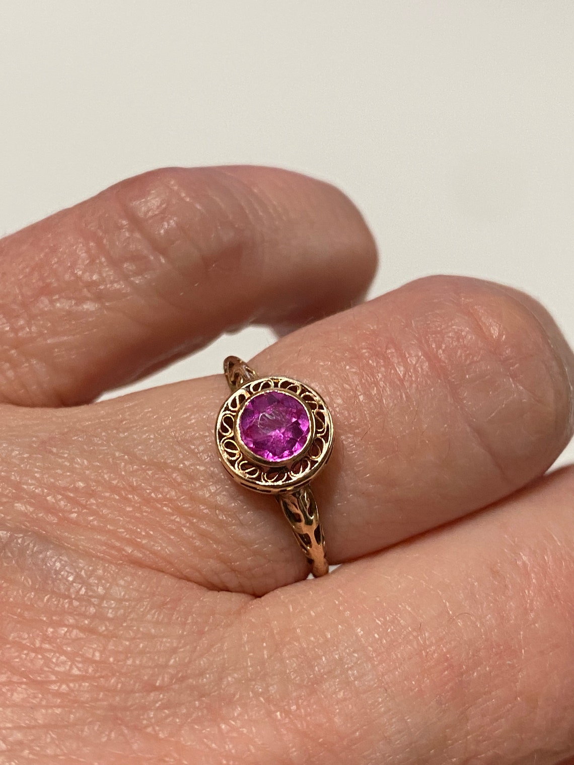 Created Pink Ruby Ring Art Deco 10k Rosey Gold Filigree .46 | Etsy