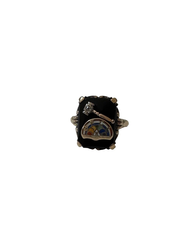 Vintage 10k Gold Rainbow Girls Ring: Black Onyx Diamond Masonic Jewelry ...