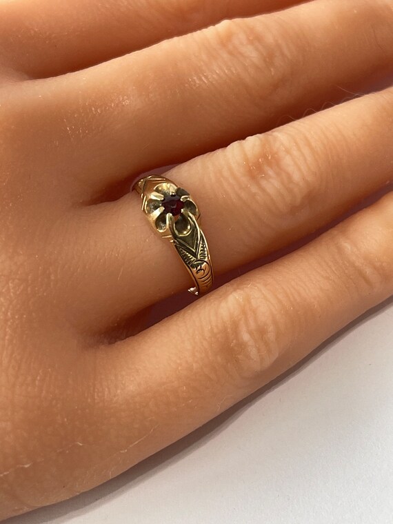 Garnet Belcher Ring - Edwardian Era 14k Yellow Gold .… - Gem