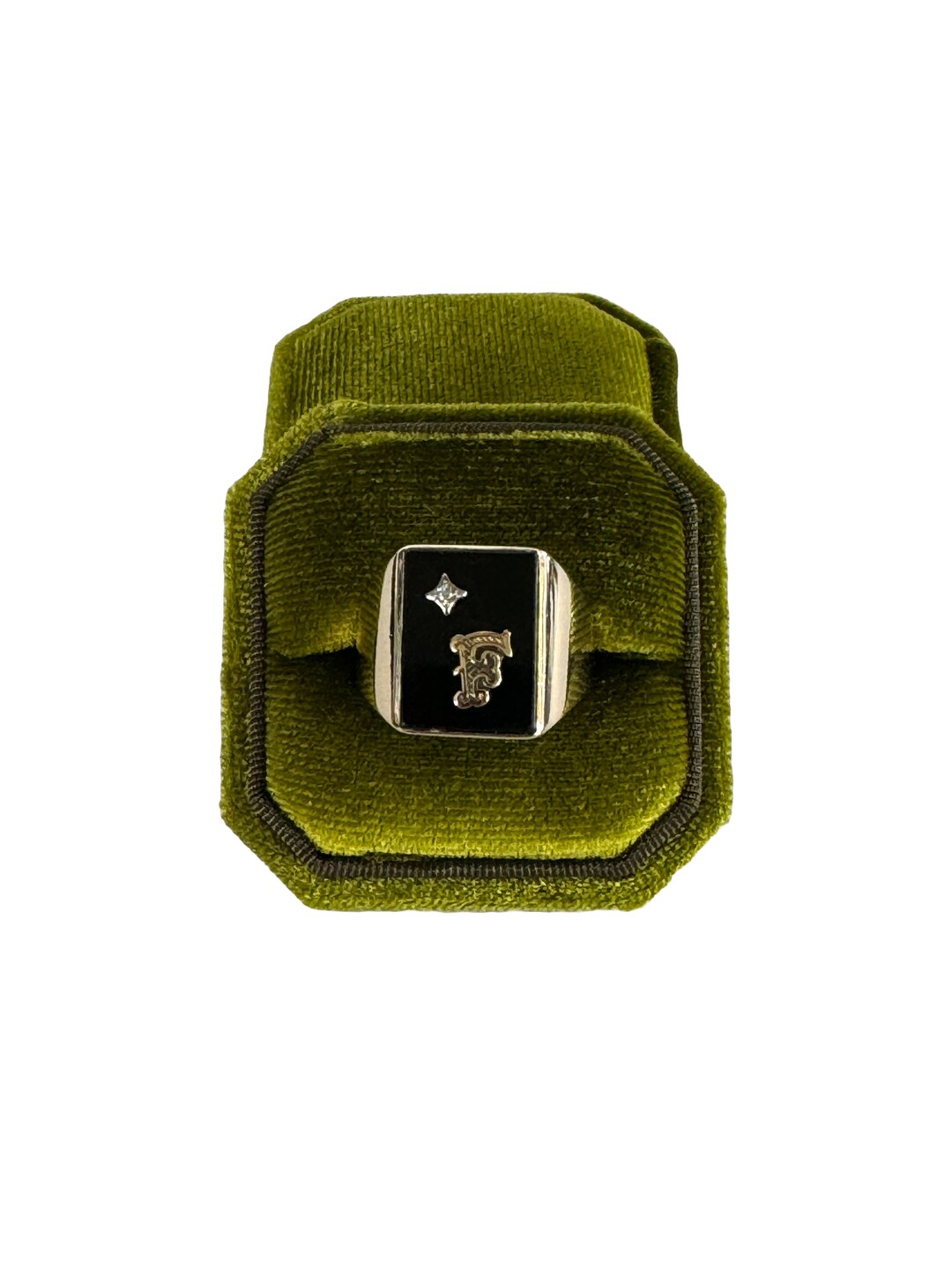 Letter "f" Ring - Art Deco Era 10k Yellow Gold Genuine Onyx & Diamond ...