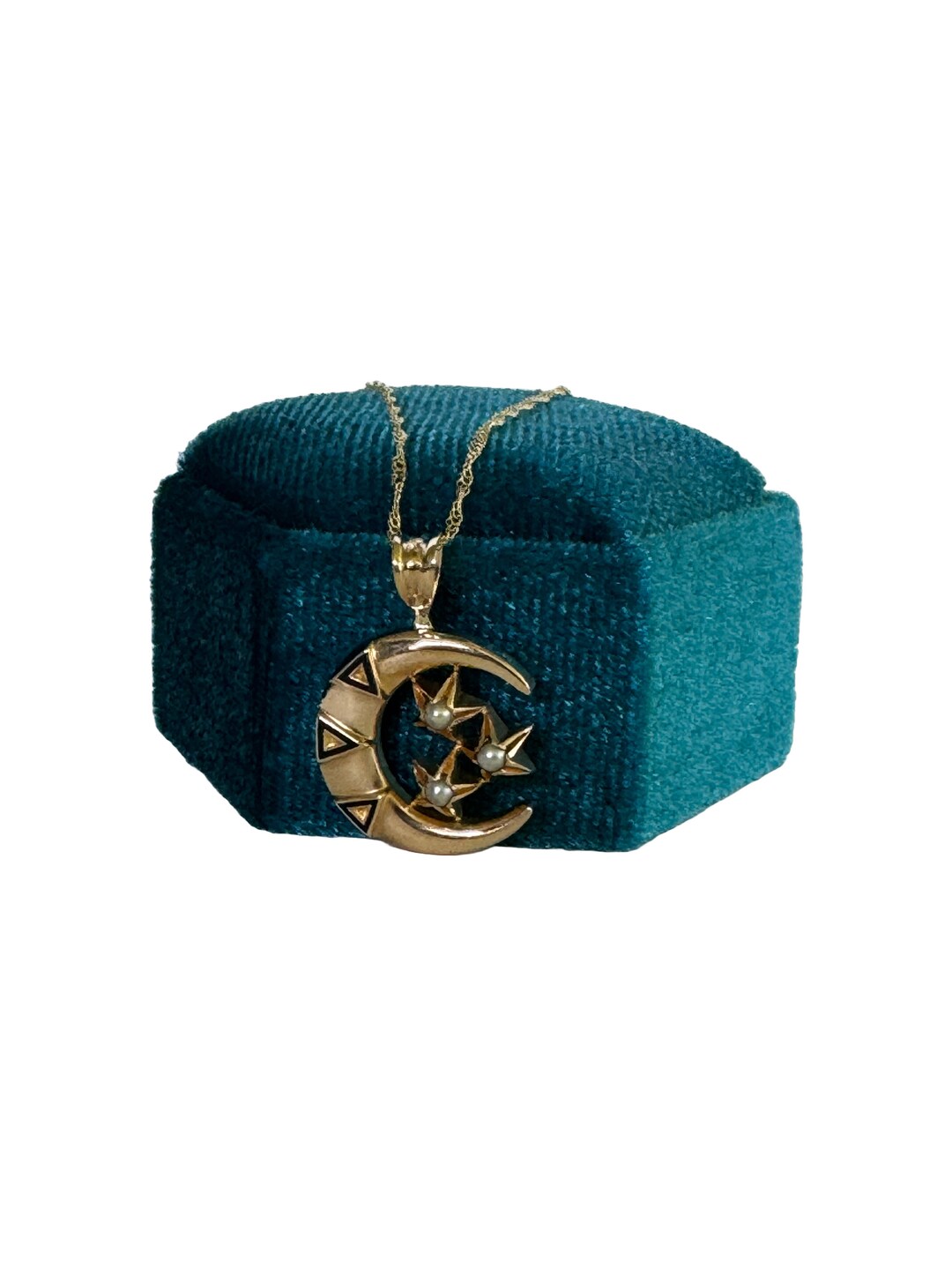 Art Deco Tri Delta 14k Gold Pendant Necklace: Crescent Moon Seed Pearl ...