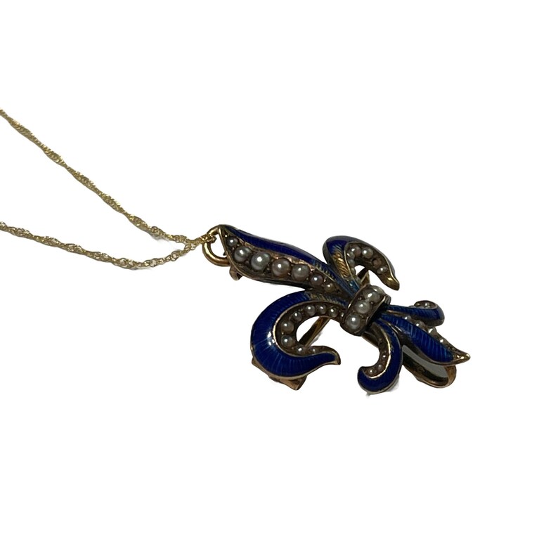 Art Nouveau 14k Gold Fleur-de-lis Brooch Pendant: Cobalt Blue Enamel ...