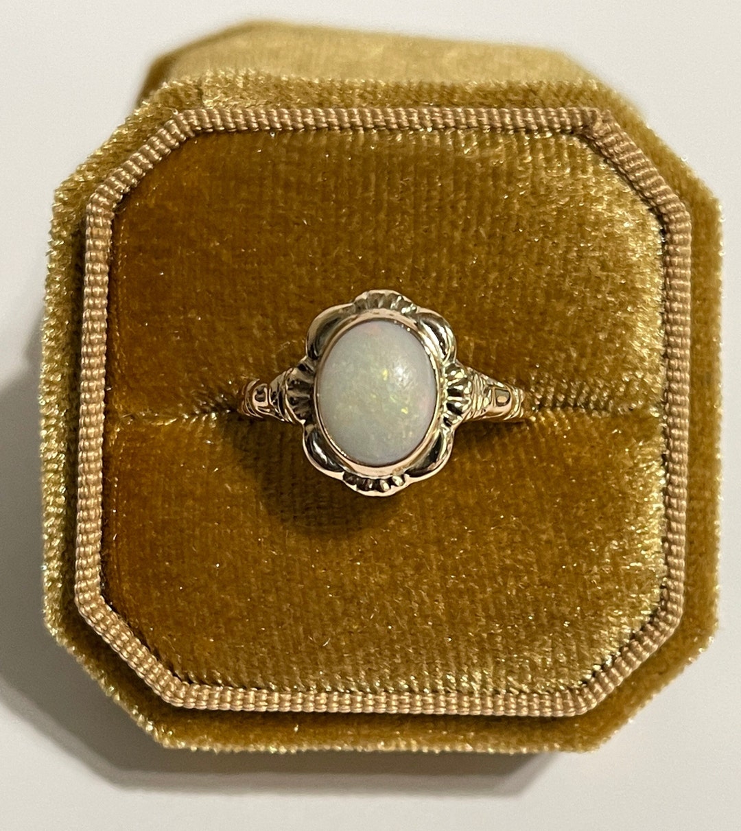 Opal Art Deco Era Ring - 10k Yellow Gold Oval Cabochon Gem Solitaire ...
