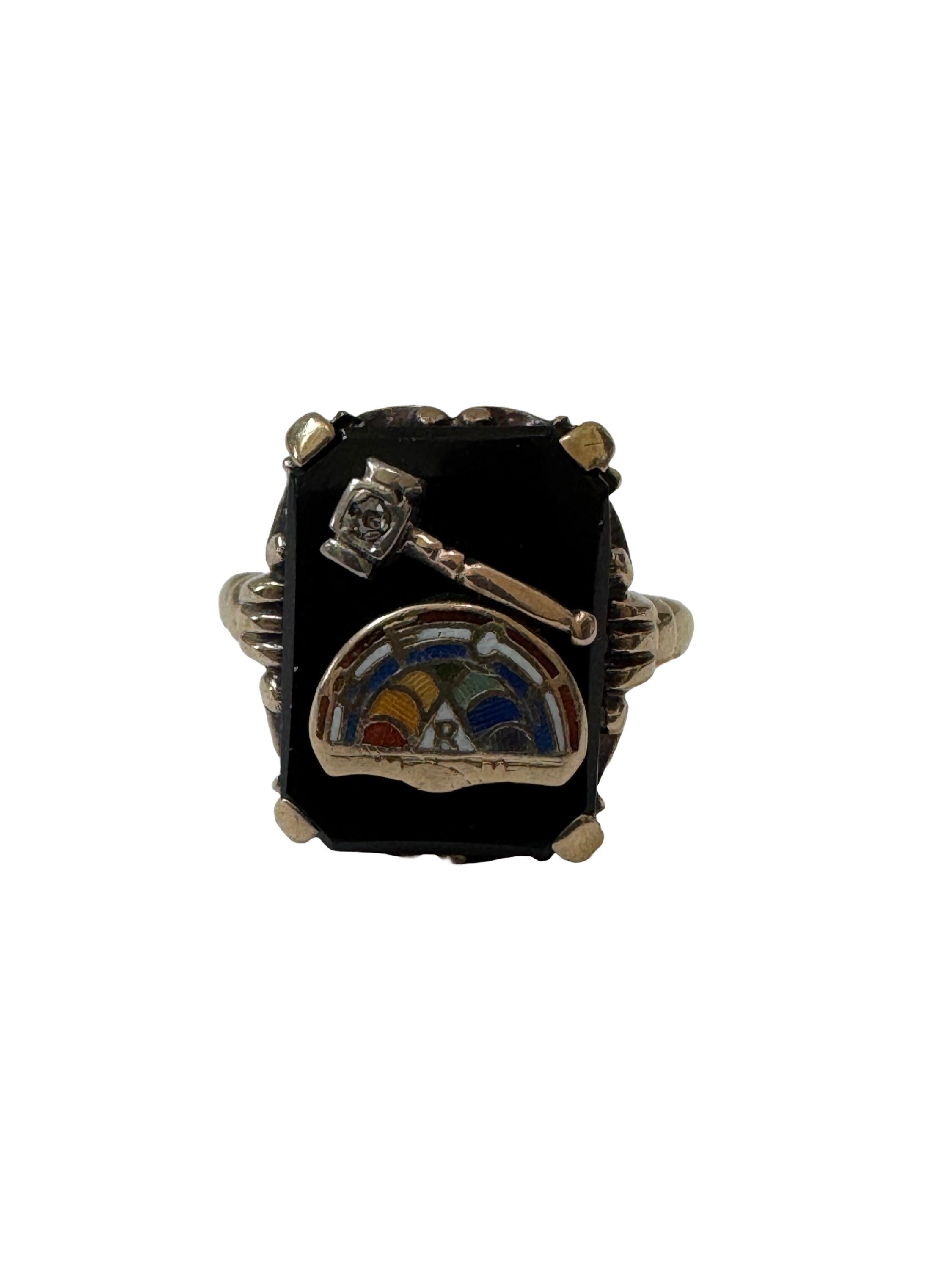 Vintage 10k Gold Rainbow Girls Ring: Black Onyx Diamond Masonic Jewelry ...