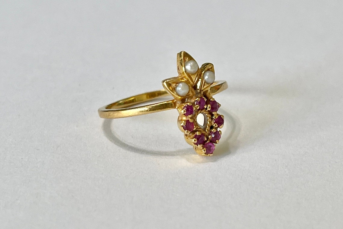Genuine Ruby and Seed Pearl Strawberry Ring-18k Yellow Gold - Etsy