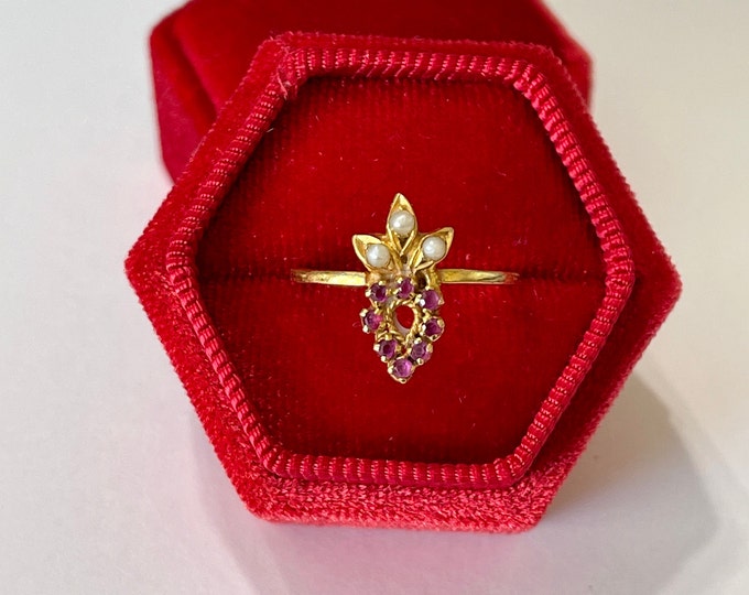 Genuine Ruby and Seed Pearl Strawberry Ring-18k Yellow Gold 0.24 Ctw ...