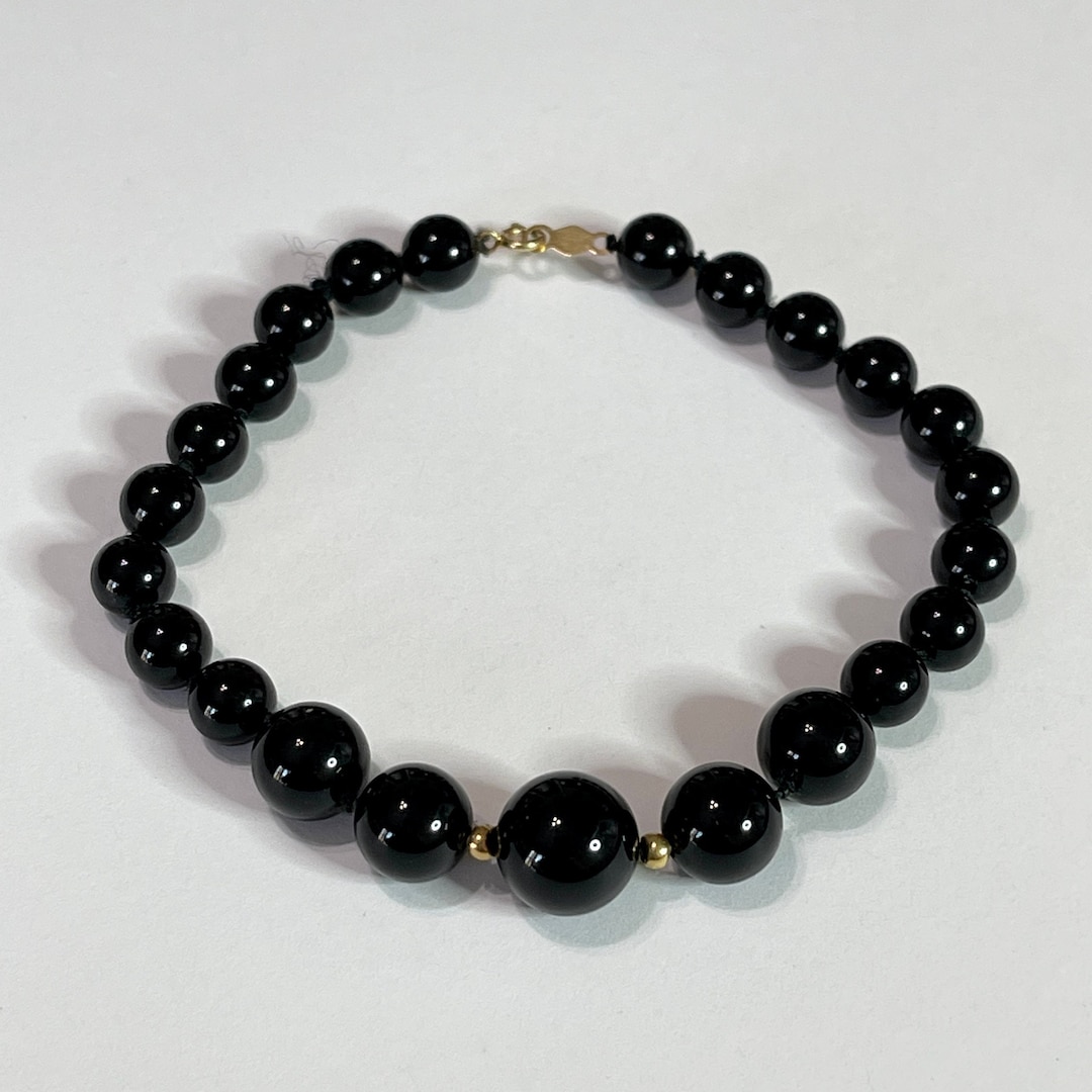 Genuine Onyx Bracelet - Estate 14k Yellow Black Gemstone Strand - Modern Circa 1980s Era ...