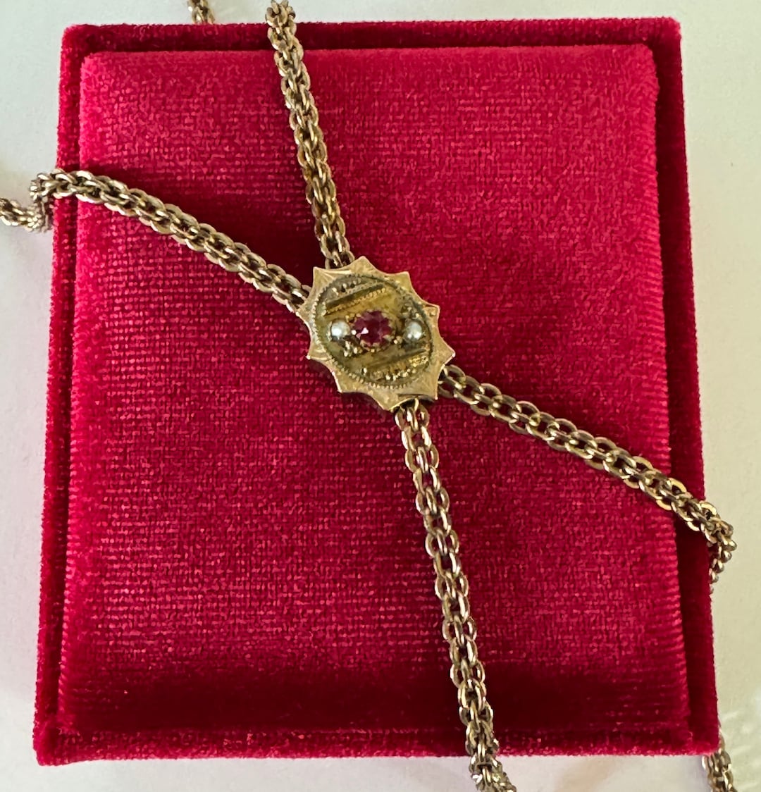 Victorian Gold Filled Lorgnette Chain: Antique Red Glass & Seed Pearl ...