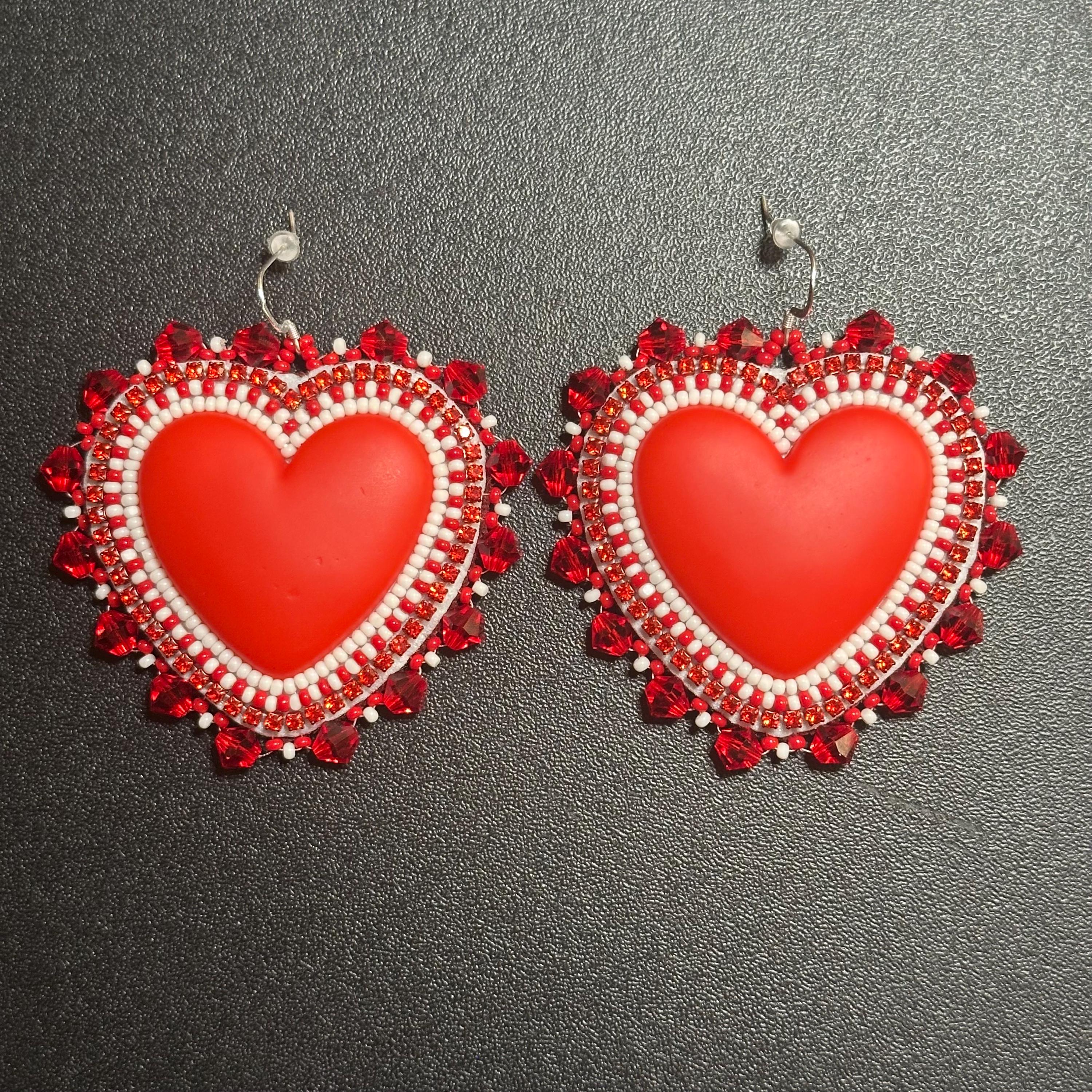 Heart Earrings Red/white Indigenous Made Native American Beadwork - Etsy