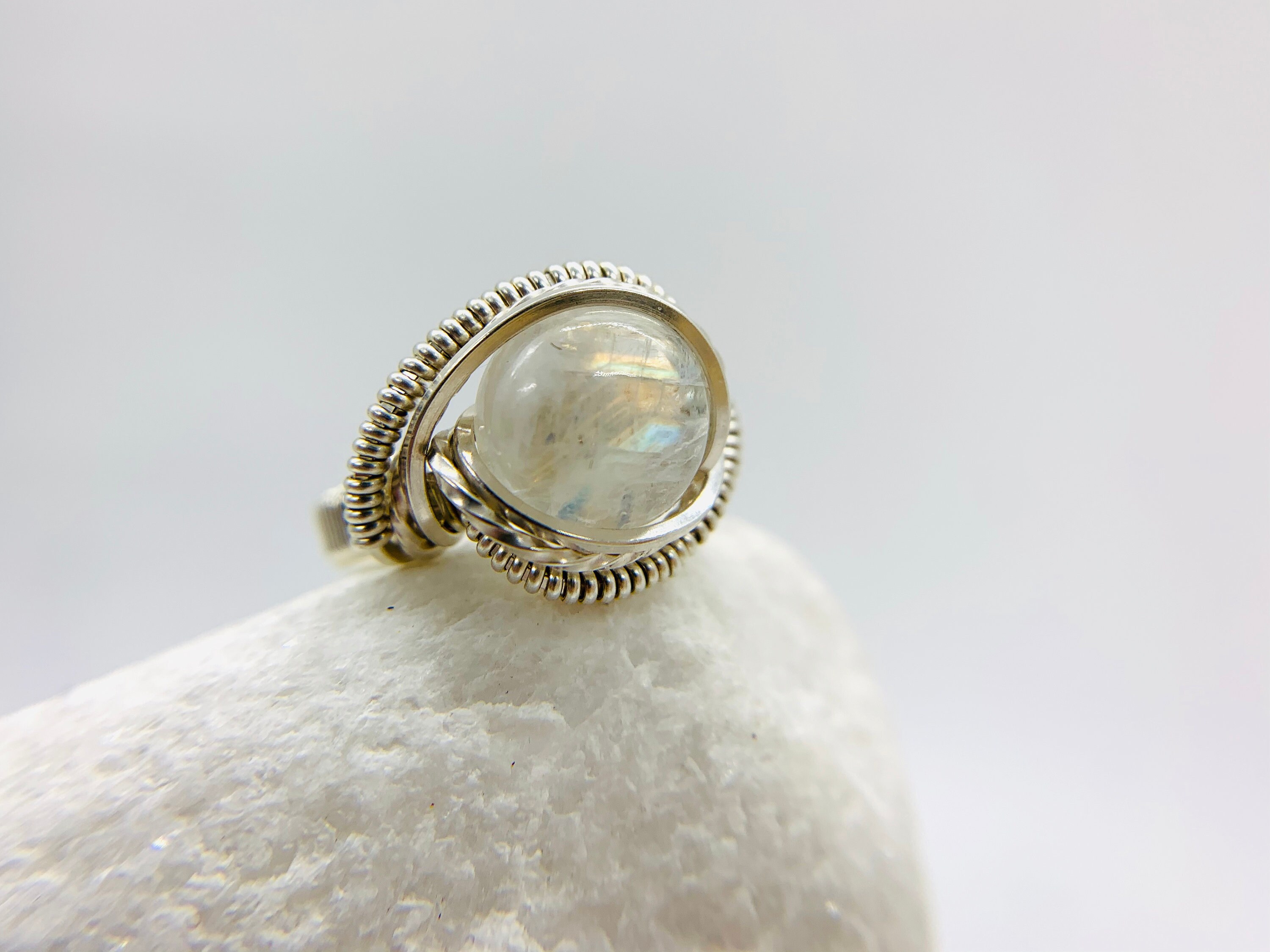 Rainbow Moonstone Ring Wire Wrapped Ring Silver Gemstone - Etsy