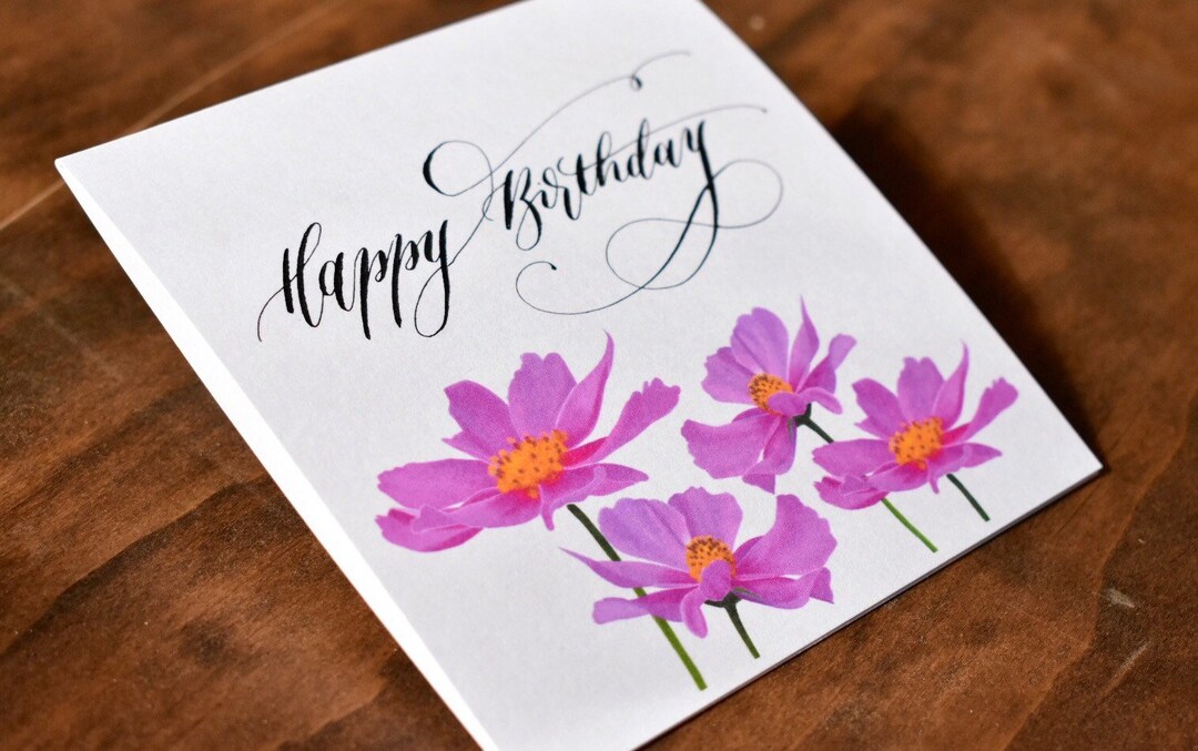 Cosmos & Calligraphy Birthday Card - Etsy