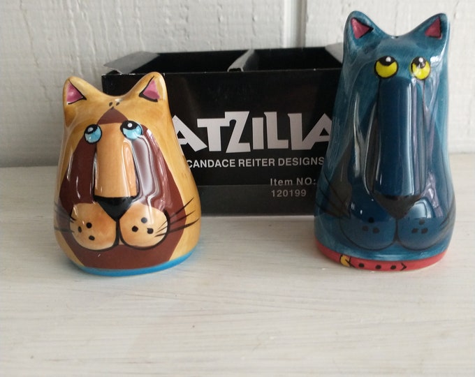 Catzilla Cat Ceramic Salt and Pepper Shakers Whimsical - Etsy