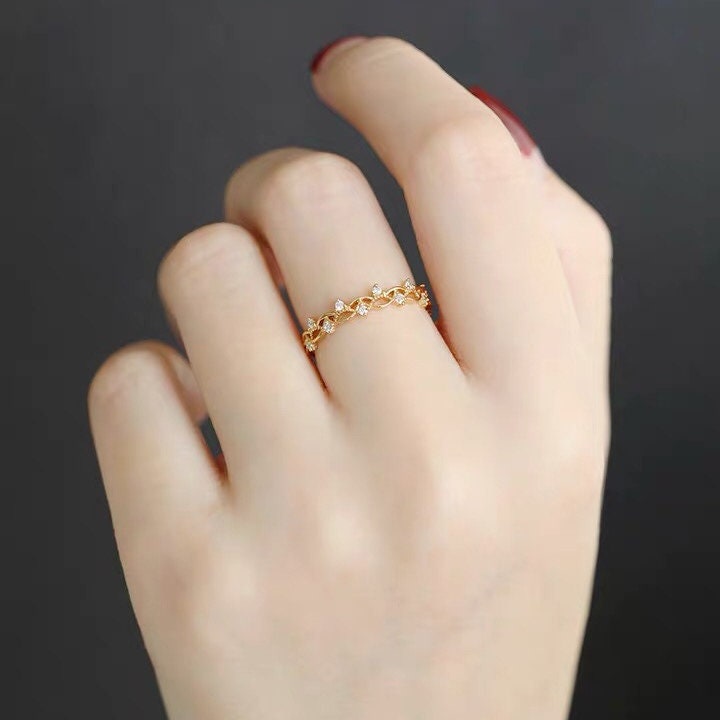 Tiny Diamond Wedding Ring Nature Inspired Ring Gold Leaf - Etsy