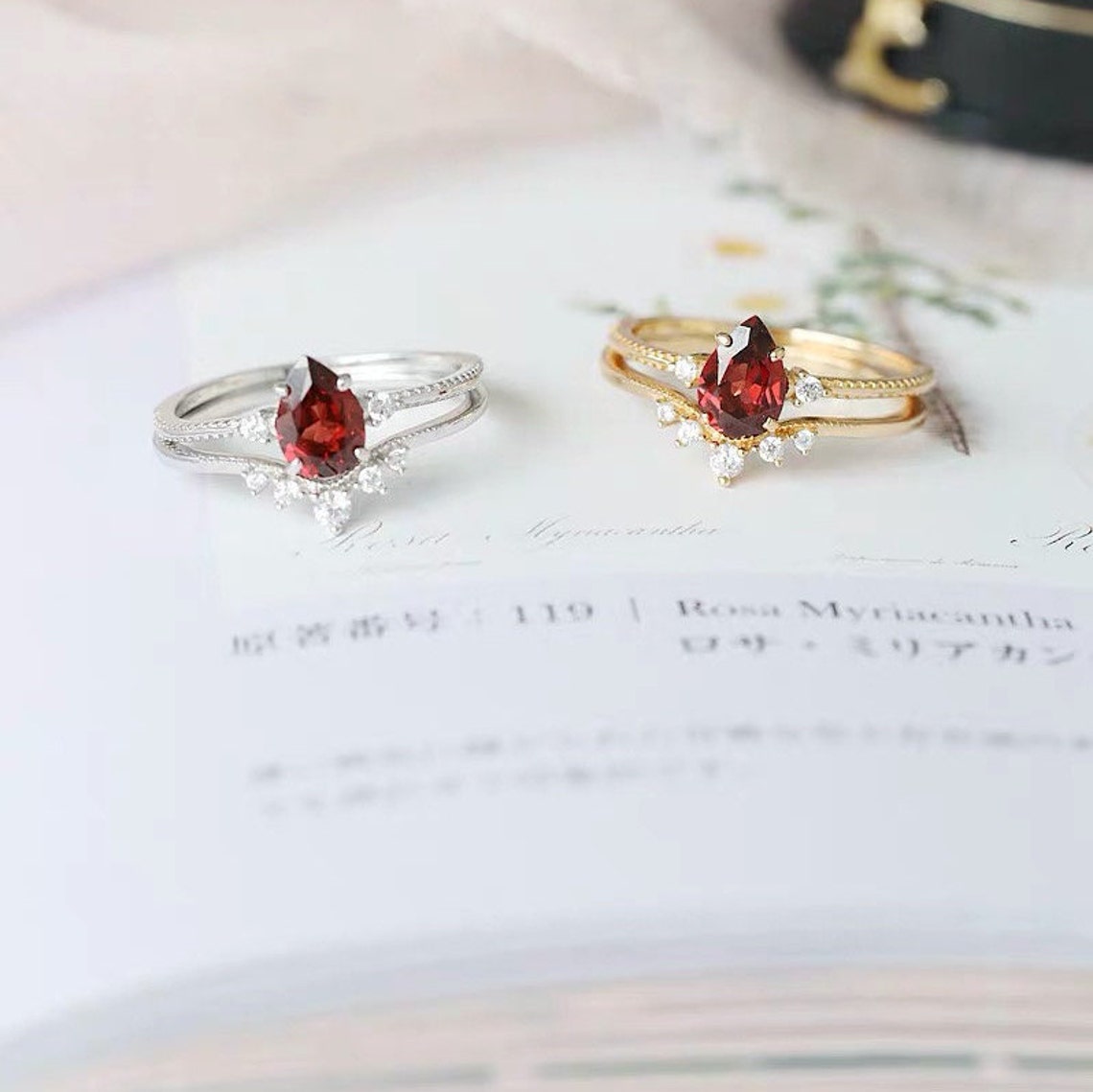 Teardrop Garnet Ring Bridal Ring Set Garnet Ring Set Dainty | Etsy
