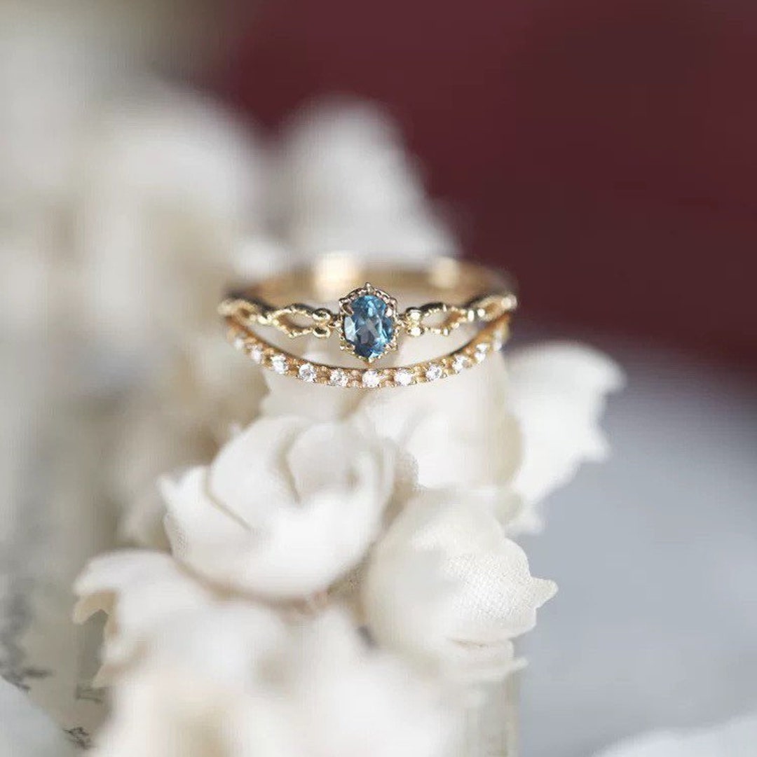 Topaz Engagement Ring Set, London Blue Topaz Ring Set, Natural Gemstone Ring Set, Wedding Bridal ...