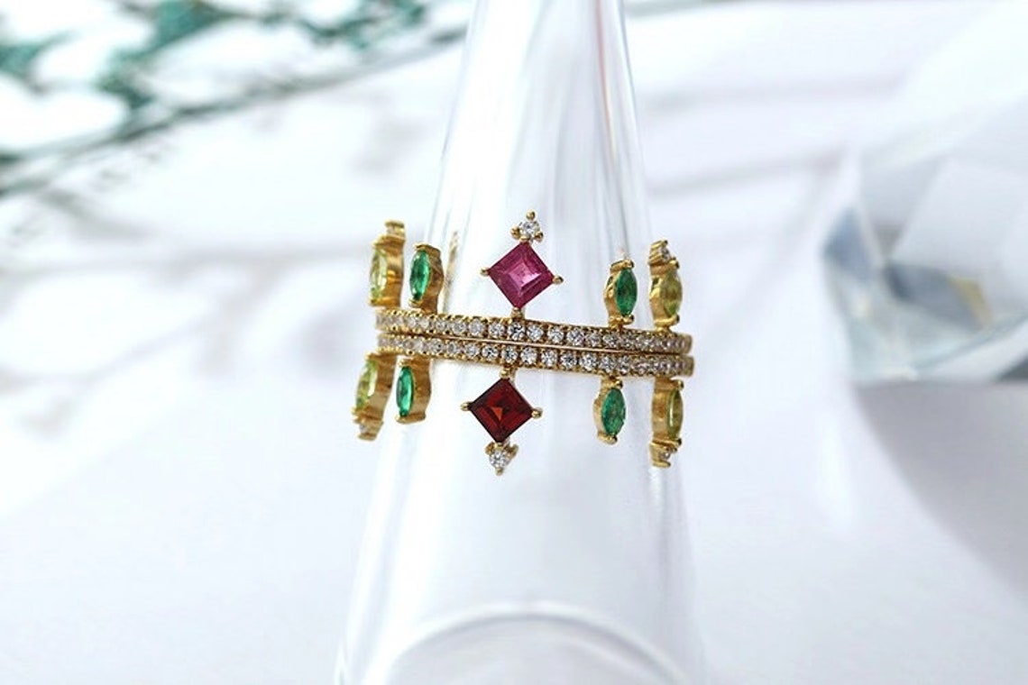 Garnet Crown Stack Ring Multi Color Gemstone Crown Ring | Etsy