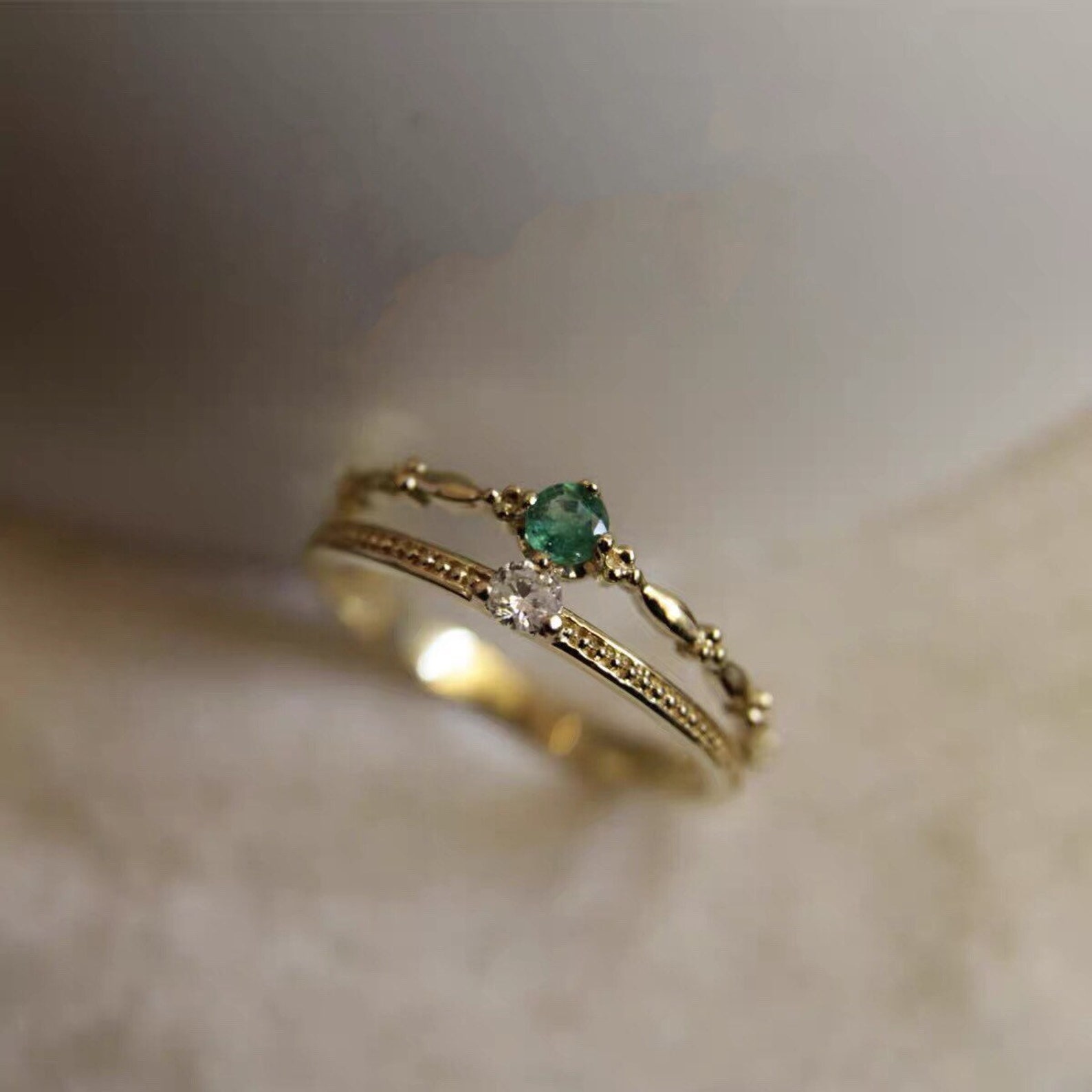 Emerald Ring Solid Gold Emerald Ring Double Band Emerald | Etsy