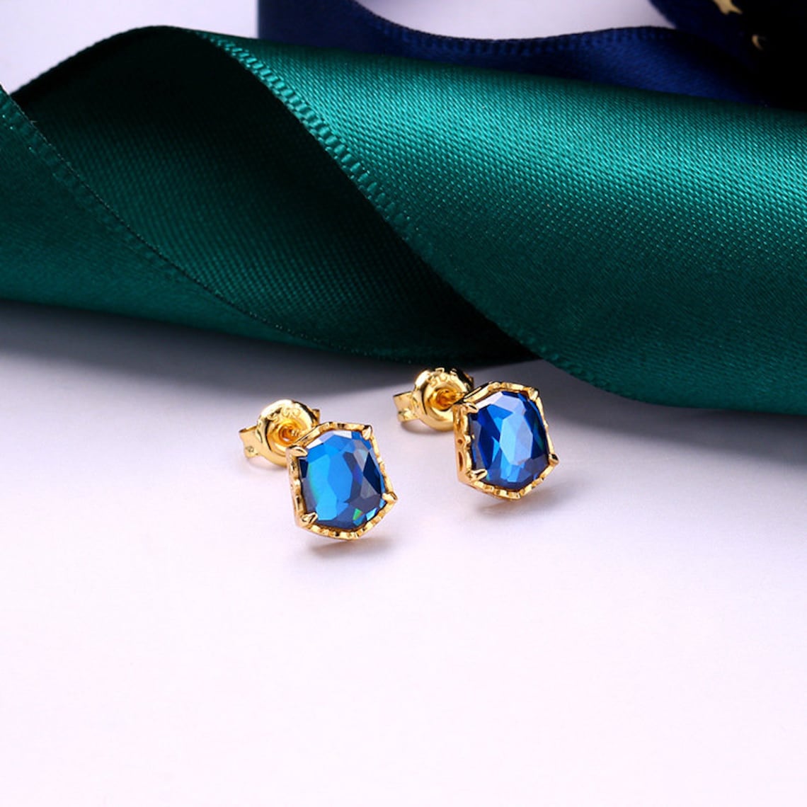 Royal Blue Gemstone Earrings, Minimalist Stud Earrings, Blue CZ Stud ...