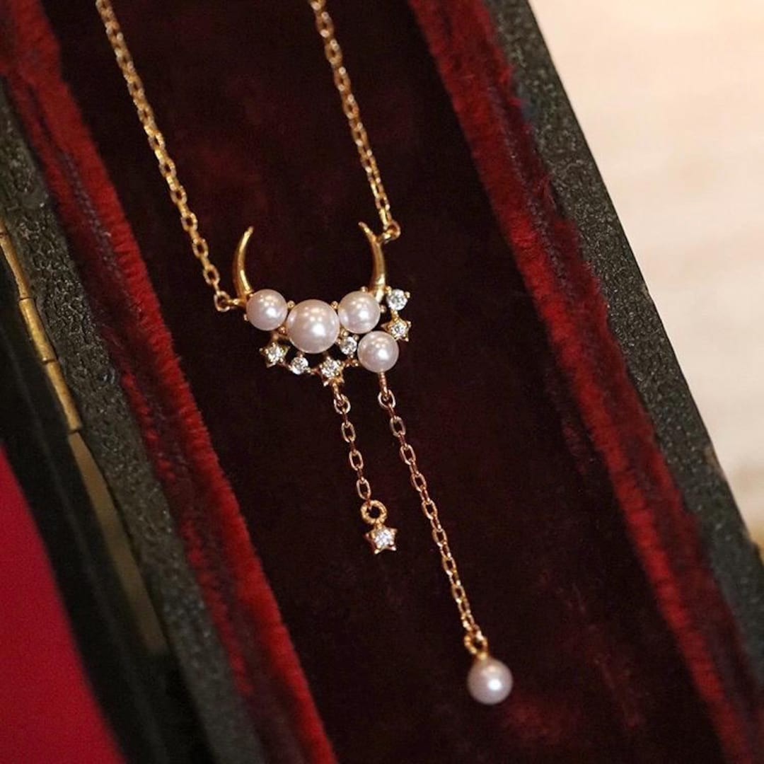 Vintage Moon Pendant Necklace, Pearl Moon Necklace, Moon Star Necklace ...