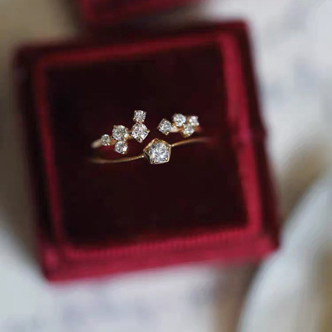 Dainty Cluster Engagement Ring Set, Diamond Cluster Ring Set, Star Ring Set, Star Stackable Ring ...