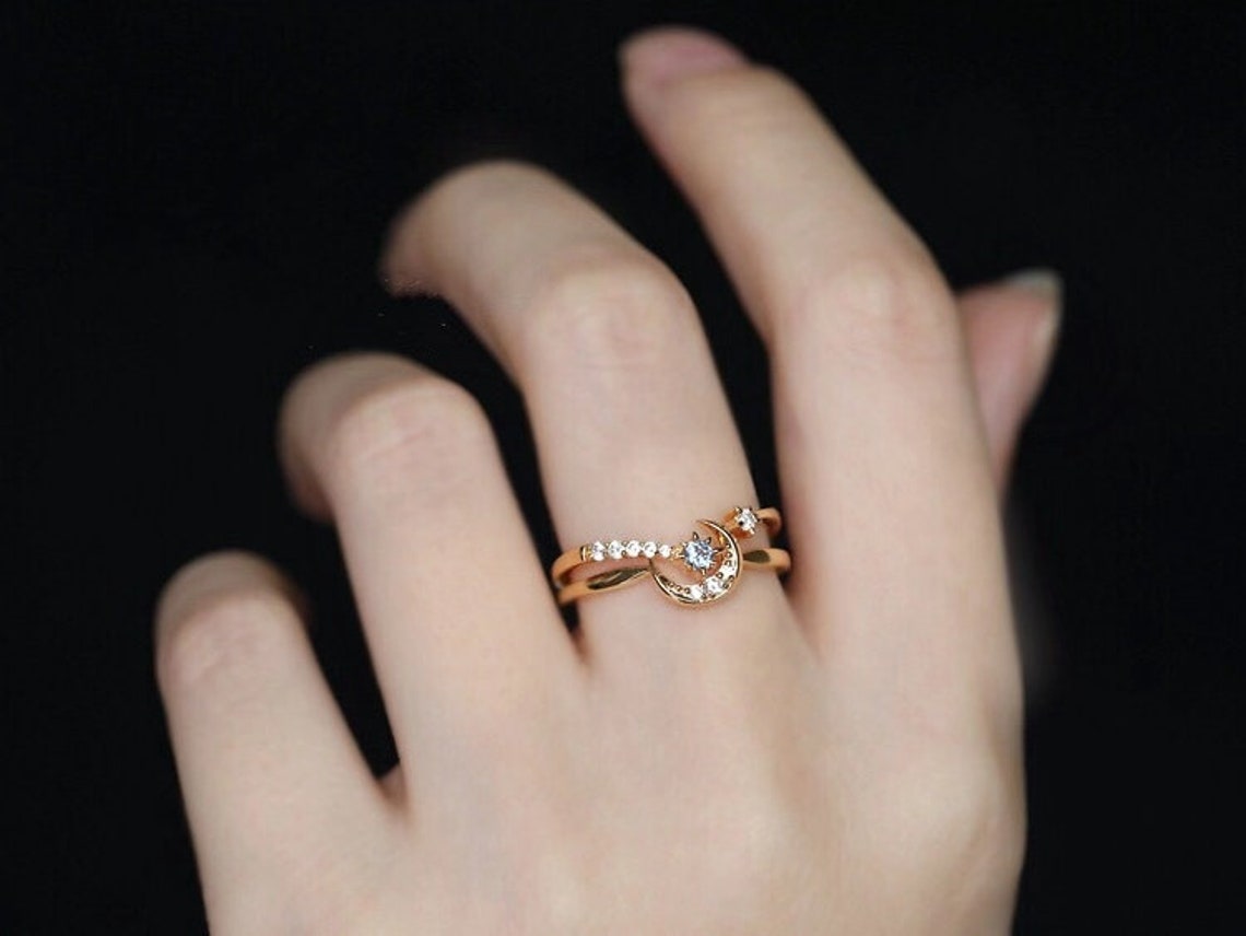 Moon Engagement Ring Moon and Star Ring Set Stackable Ring - Etsy