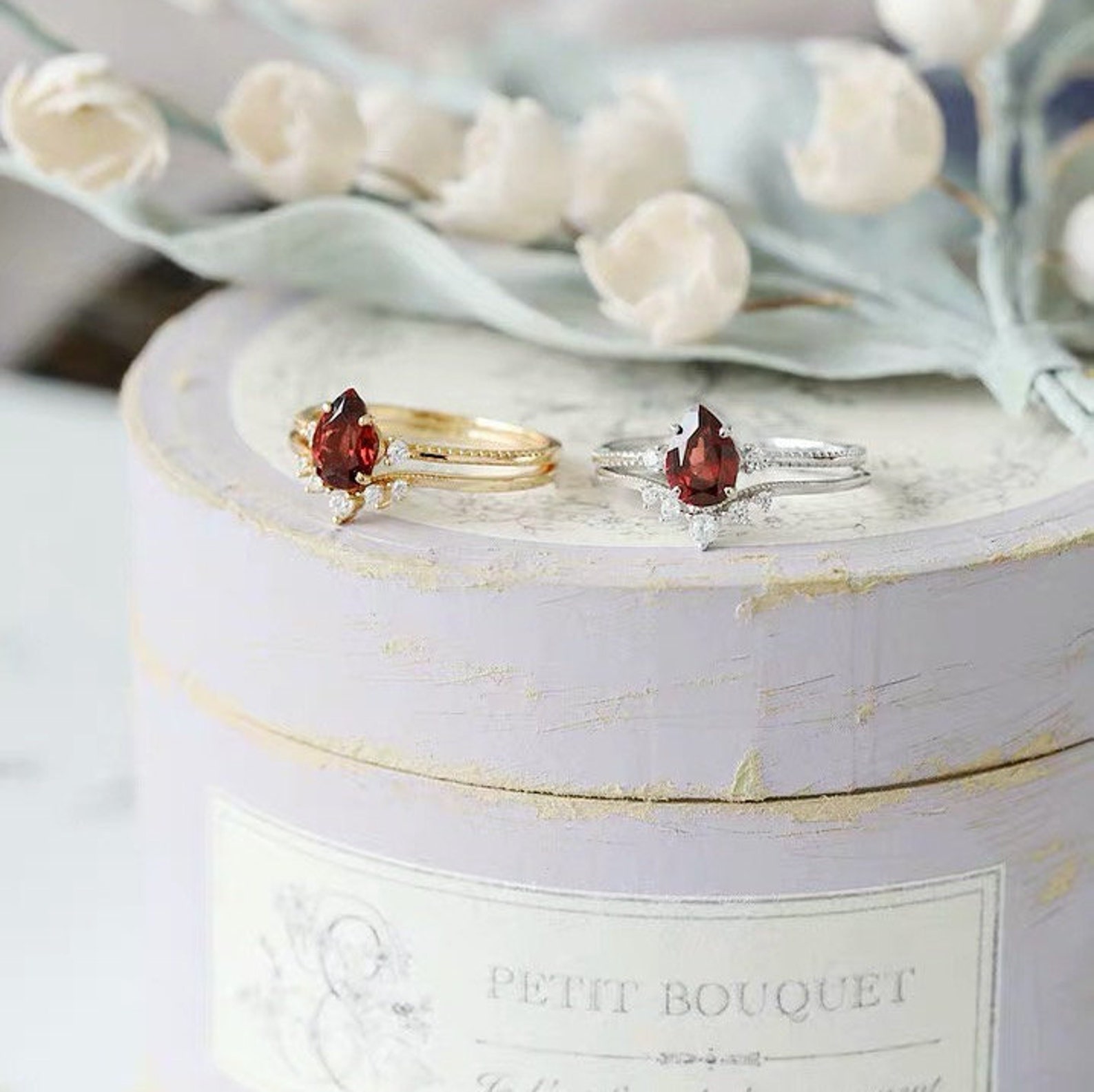 Teardrop Garnet Ring Bridal Ring Set Garnet Ring Set Dainty | Etsy