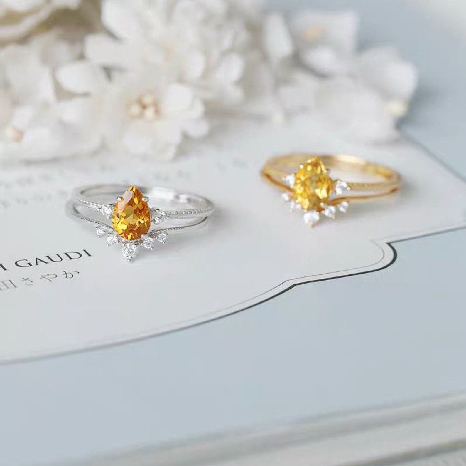 Natural Yellow Citrine Engagement Ring, Delicate Teardrop Citrine Ring ...