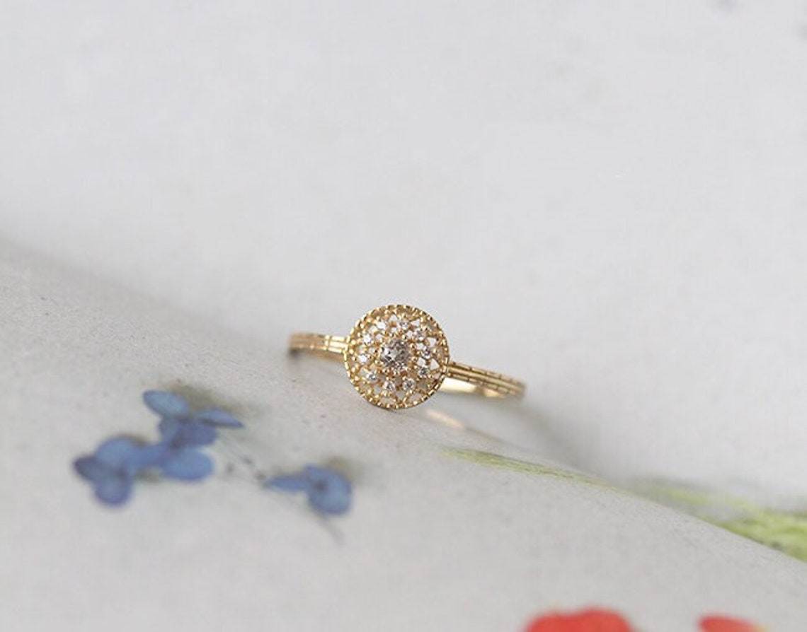 Vintage Diamond Engagement Ring Sun Ring Gold Dainty Bridal - Etsy
