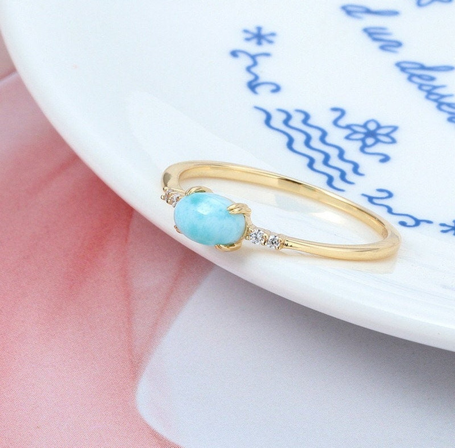 Larima Stackable Ring, Blue Sea Stone Ring, Thin Band Ring, Blue ...